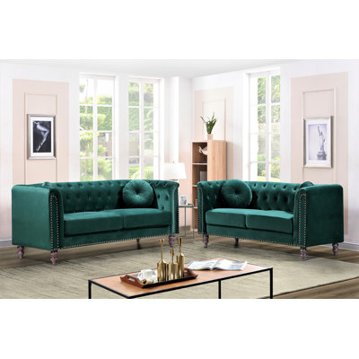 Classic Chesterfield Velvet 2 Piece Livingroom Set House of Hampton Body Fabric Gray Velvet